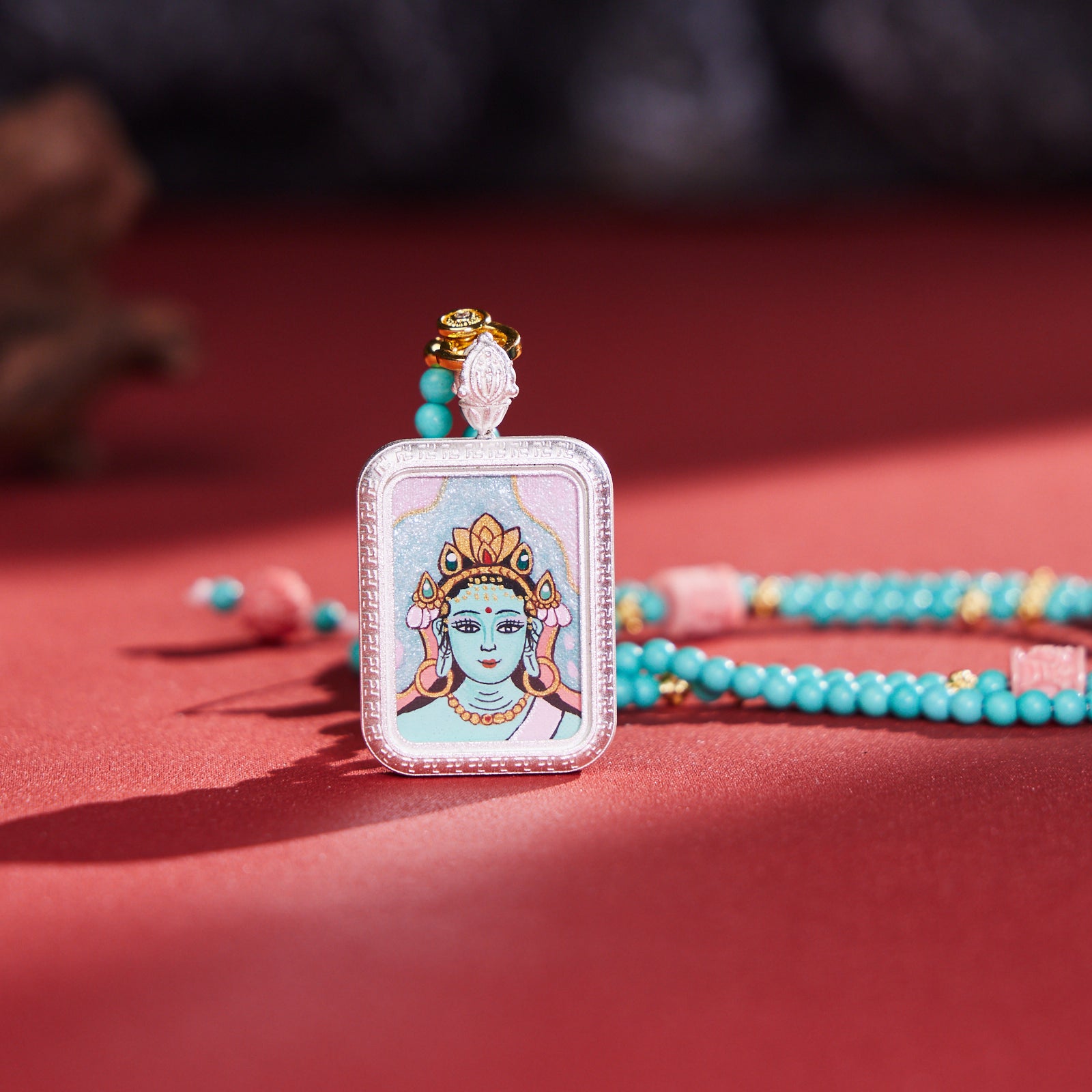 Blessed Green Tara Small Square Thangka Pendant Necklace - Hand-Painte ...